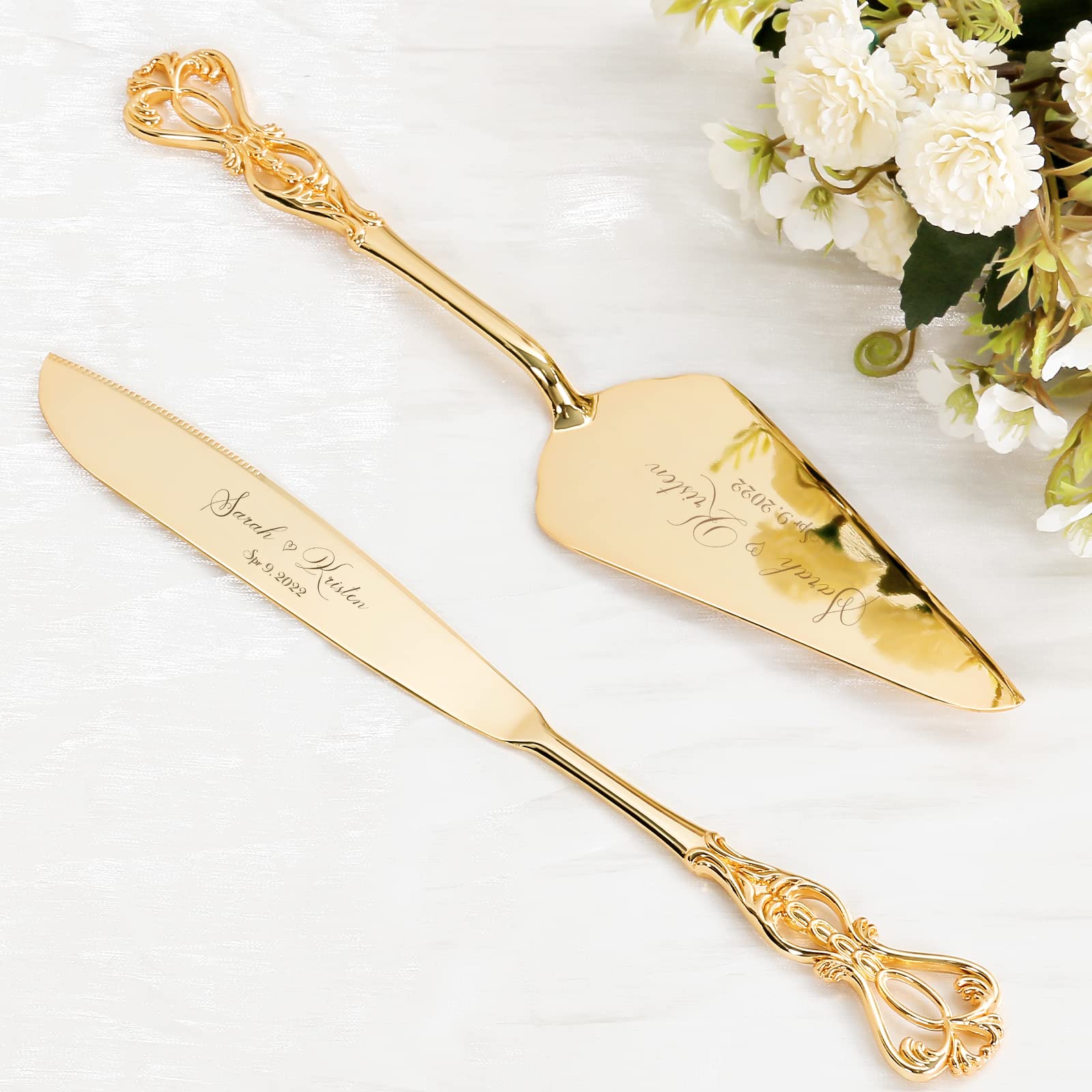 vomiceak Cake Cutting Set for Wedding, Personalized Gold Cake Knife and Server Set, Custom Cake Serving Set, Engraved Pastry Pie Server Cake Pizza Cutter, Birthday Gift for Cake Lover