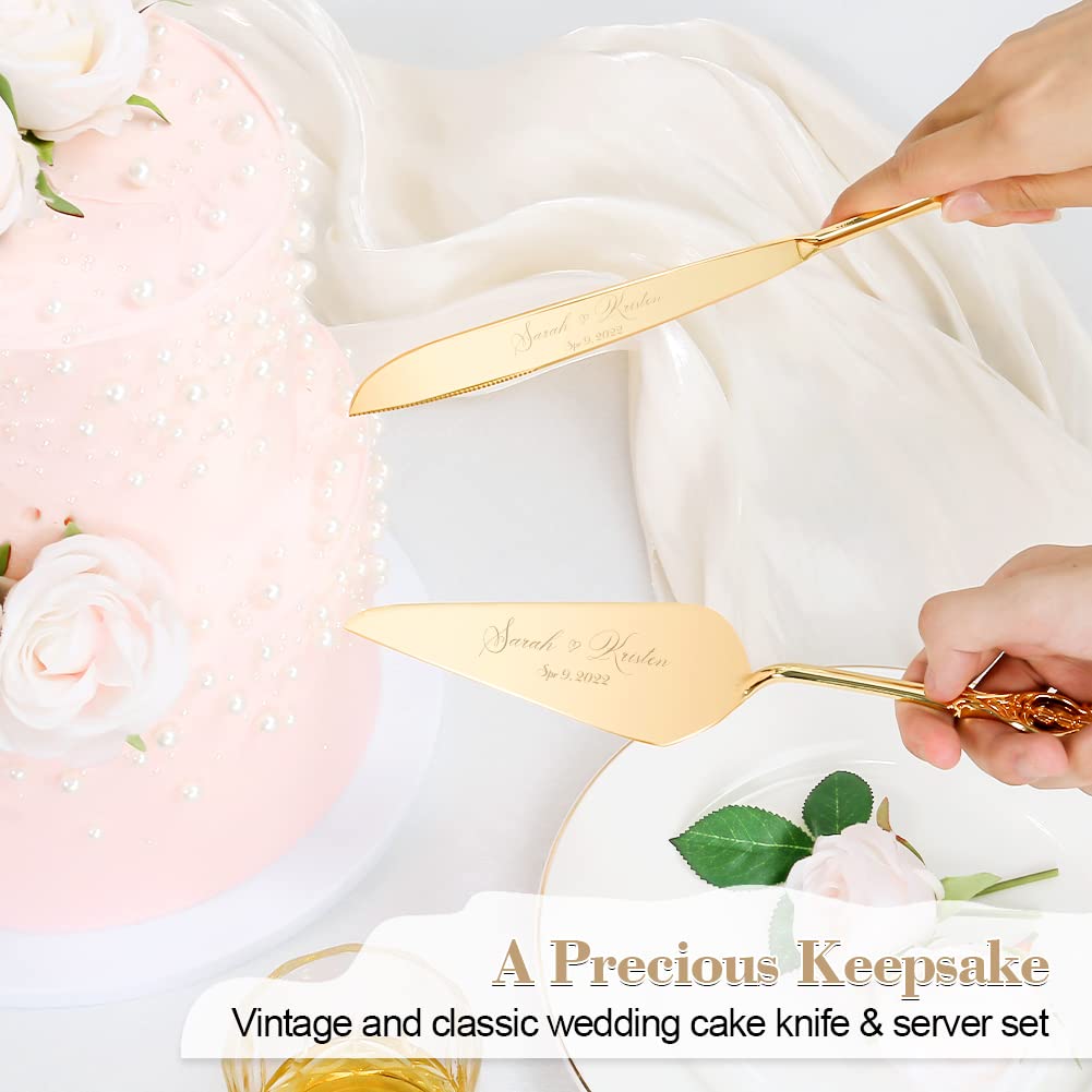 vomiceak Cake Cutting Set for Wedding, Personalized Gold Cake Knife and Server Set, Custom Cake Serving Set, Engraved Pastry Pie Server Cake Pizza Cutter, Birthday Gift for Cake Lover