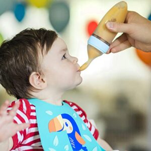 nuby new & improved silicone food dispensing squeeze feeder with cover & stand, 4+ months/ 3 oz/ 90 ml, colors vary: blue, pink, green