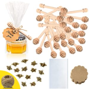 shappy 96 pcs 4 inch wood honey dipper sticks set 24 pcs honey dipper sticks 24 pcs plastic storage bags 24 pcs kraft paper cards 24 pcs honeybee charm pendants with jute rope for honey jar diy craft