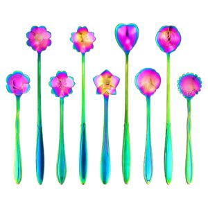 9 pcs rainbow flower spoon set, leefone 2 different size stainless steel reusable teaspoons coffee sugar stirring spoon dessert cake spoons tea scoops table spoon mixing spoon ice tea spoon