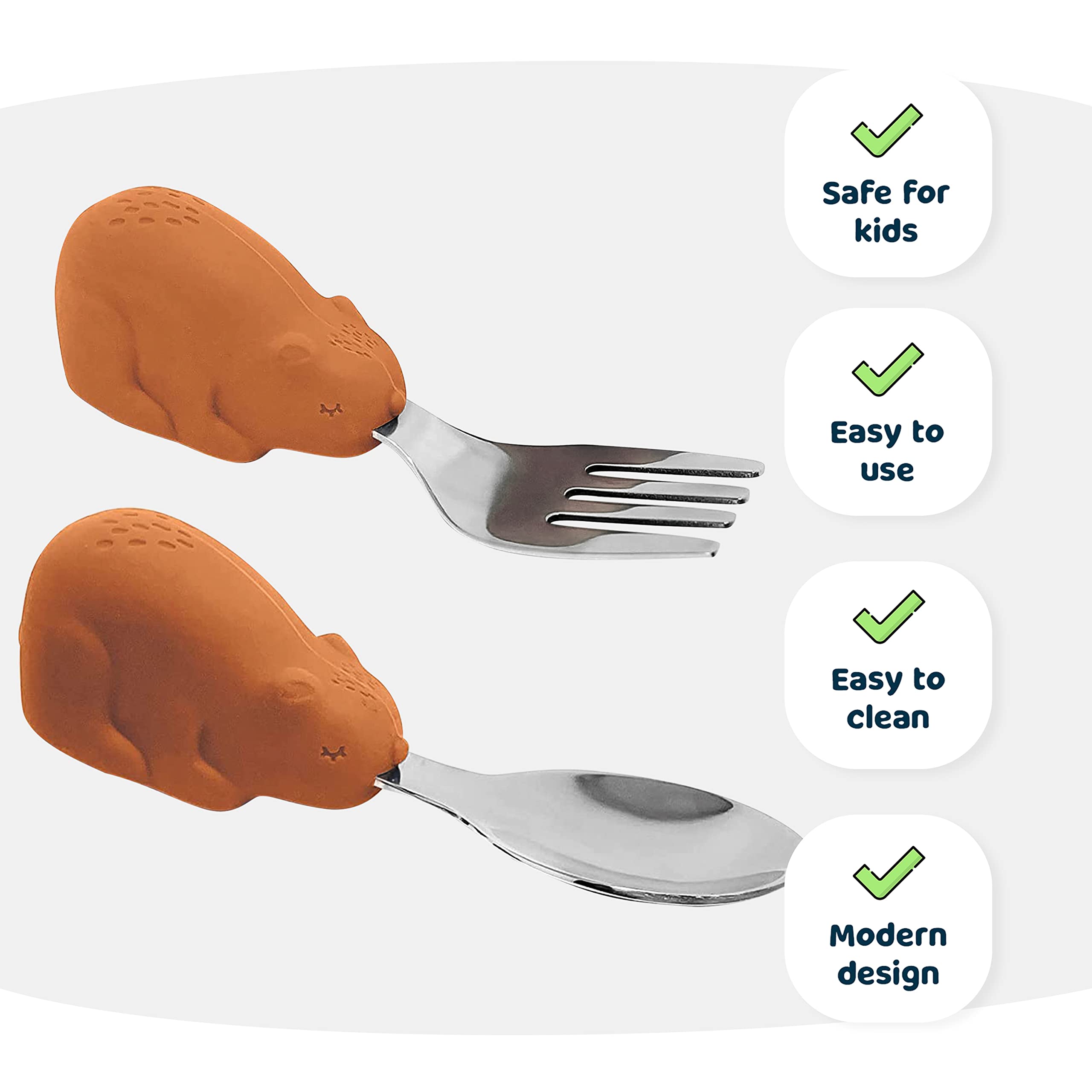 Tiny Twinkle Easy Grip Toddler Utensils Spoon and Fork Set - BPA & Phthalate Free Utensil Sets, Kids Silverware With Silicone Handle, Baby Led Weaning Supplies for 12 Months & Up (Cinnamon Bear)