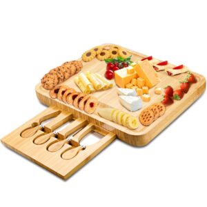 mosskic cheese board and knife set,bamboo charcuterie boards platter serving tray for housewarming party birthday wedding gifts