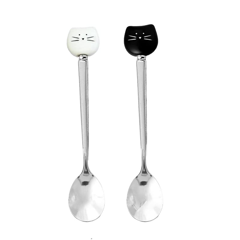 Cute Cat Spoon for Tea Coffee Ceramic Stainless Steel Spoons for Cat Lover Cat Food spoon for Wet Food Cat Themed Gift for Couples Wedding House Warming Gifts 2Pcs