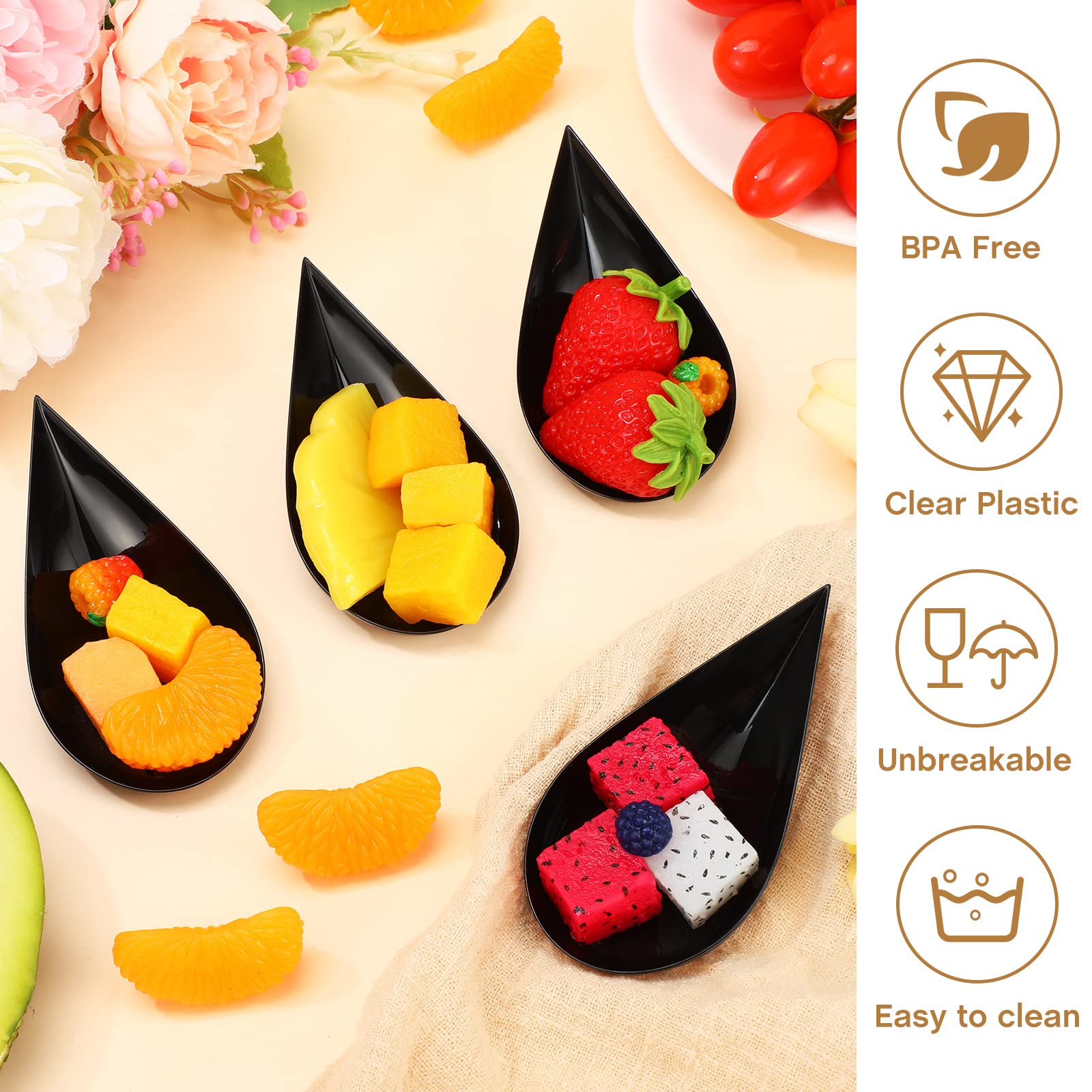 400 Pcs 4 Inch Plastic Appetizer Spoons Tasting Spoons Disposable Mini Appetizer Plates Tear Drop Serving Spoons Dessert Spoons Teardrop Asian Spoon for Party Dessert Dishes Catering (Black)