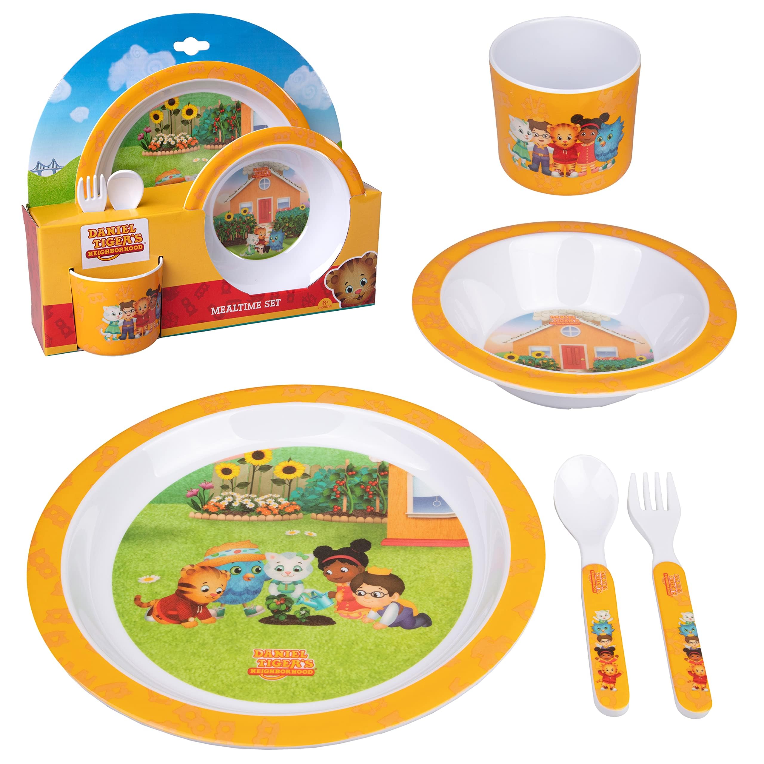 Daniel Tiger 5 Pc Mealtime Feeding Set for Kids and Toddlers - Includes Plate, Bowl, Cup, Fork and Spoon Utensil Flatware - Durable, Dishwasher Safe, BPA Free (Yellow)