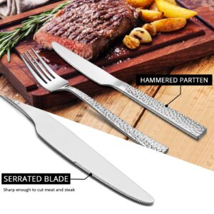 E-far Hammered Dinner Knives Set of 12, 8.9 Inch Stainless Steel Serrated Steak Butter Knife for Home Kitchen Restaurant, Modern Design & Square Edge, Mirror Finish & Dishwasher Safe