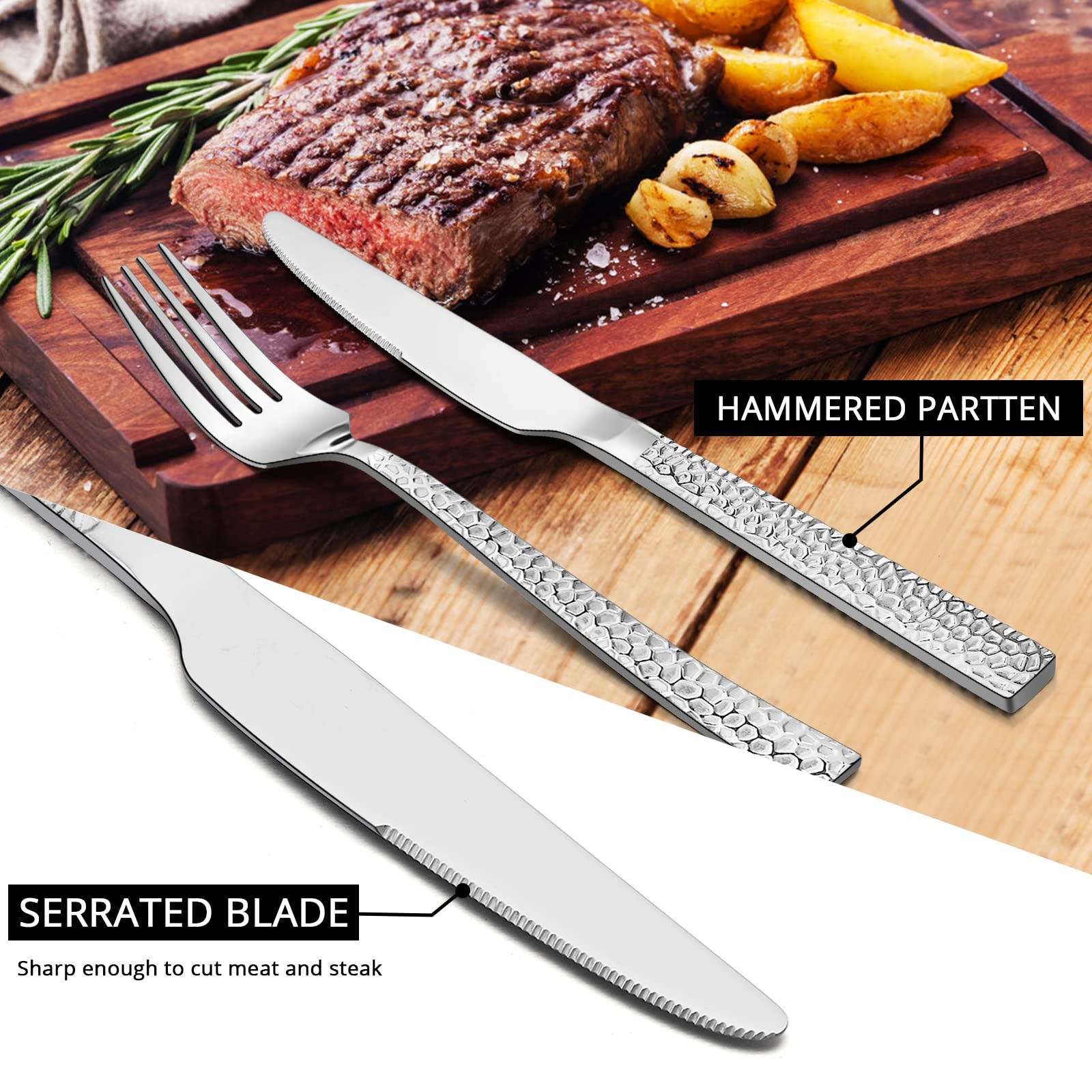 E-far Hammered Dinner Knives Set of 12, 8.9 Inch Stainless Steel Serrated Steak Butter Knife for Home Kitchen Restaurant, Modern Design & Square Edge, Mirror Finish & Dishwasher Safe