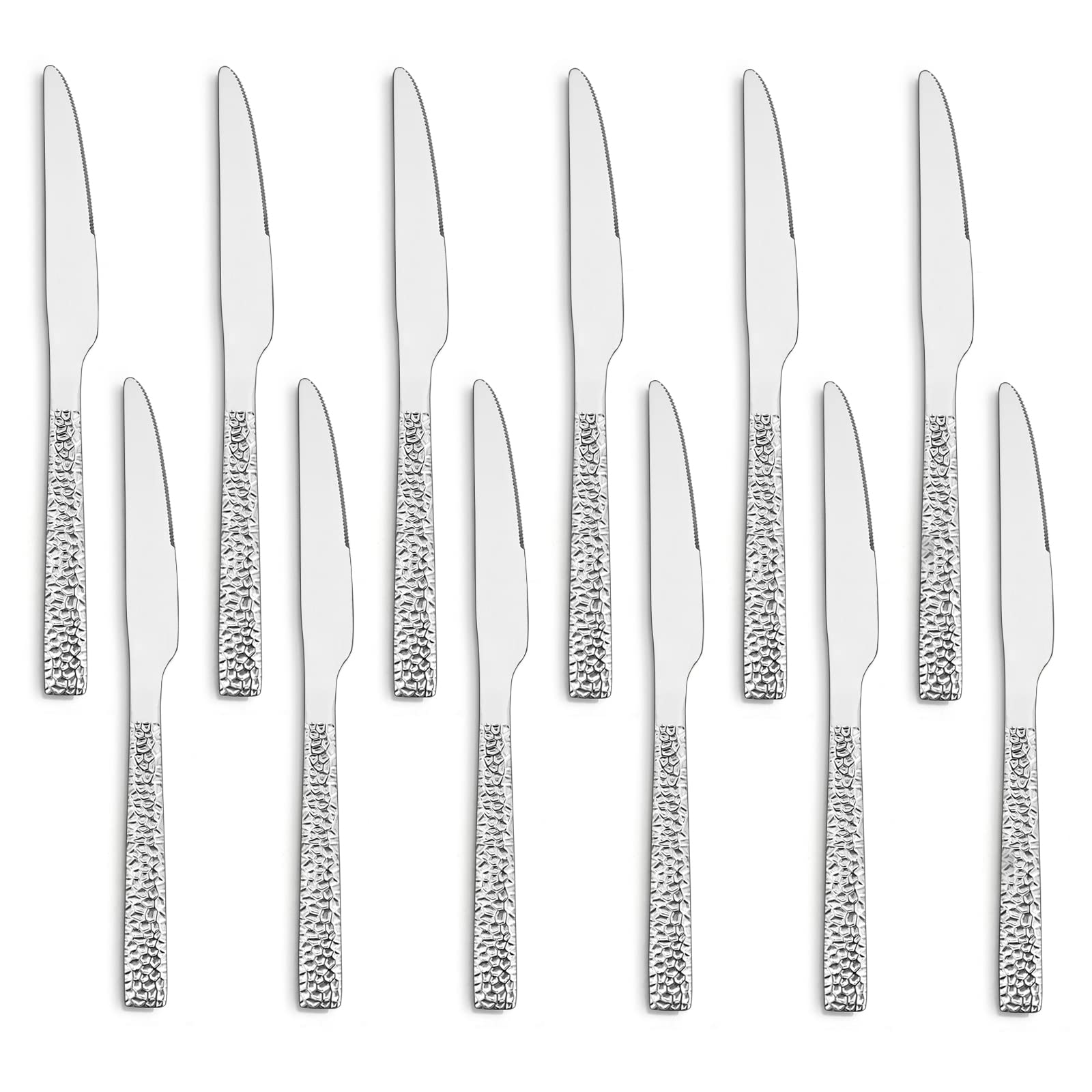 E-far Hammered Dinner Knives Set of 12, 8.9 Inch Stainless Steel Serrated Steak Butter Knife for Home Kitchen Restaurant, Modern Design & Square Edge, Mirror Finish & Dishwasher Safe