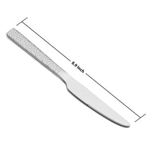 E-far Hammered Dinner Knives Set of 12, 8.9 Inch Stainless Steel Serrated Steak Butter Knife for Home Kitchen Restaurant, Modern Design & Square Edge, Mirror Finish & Dishwasher Safe