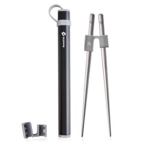 Kids Chopstick with Training holders|Square Travel Chopsticks| Strong & Lightweight, only 6.7"/171mm Long Titanium Chopsticks comes with Beautiful Aluminium Cases & Holders (Grey)