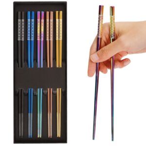 tiicoo metal chopsticks reusable 18/8 stainless steel chopsticks laser engraved premium titanium multicolor chop sticks dishwasher safe lightweight japanese style 5 pairs chopsticks gift set(style 2)