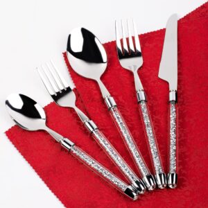 shyfoy 5 piece modern bling silverware set, 18 8 stainless steel flatware, mirror-polished luxury cutlery, crushed diamond dinner service, fork knife spoon, teaspoon/salad fork dishwasher safe