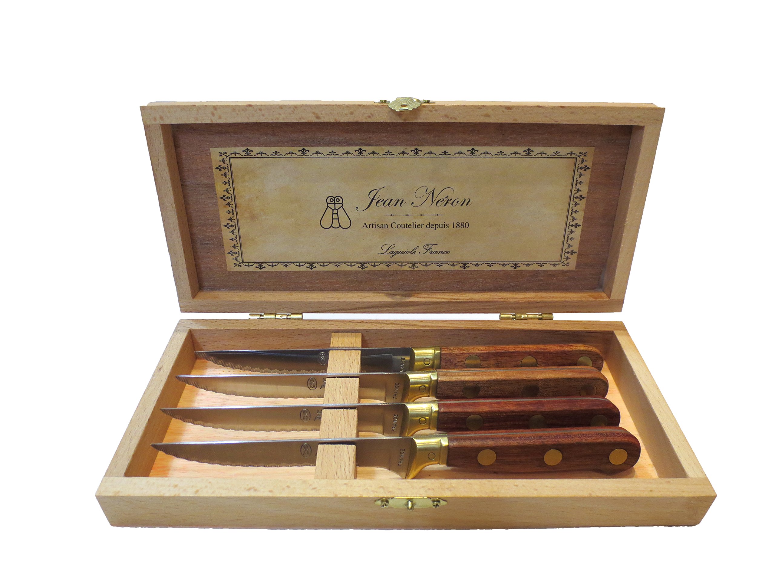 Laguiole France, Jean Neron Set of 4 LaitonKnives with Wooden Handles in Presentation Box