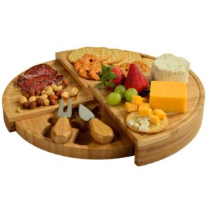 picnic at ascot patented bamboo cheese board/charcuterie serving platter - stores as a compact wedge- opens to 13" diameter - designed & quality checked in usa