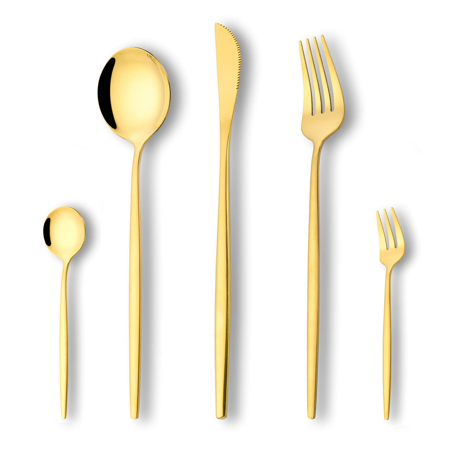 Mirror Gold Silverware Set 20-Piece, Stainless Steel Flatware Service for 4, LaienLife Unique Utensils Set with Long Fork and Spoon Teaspoon, Mirror Gold Flatware Set, Cutlery for Home Party Kitchen