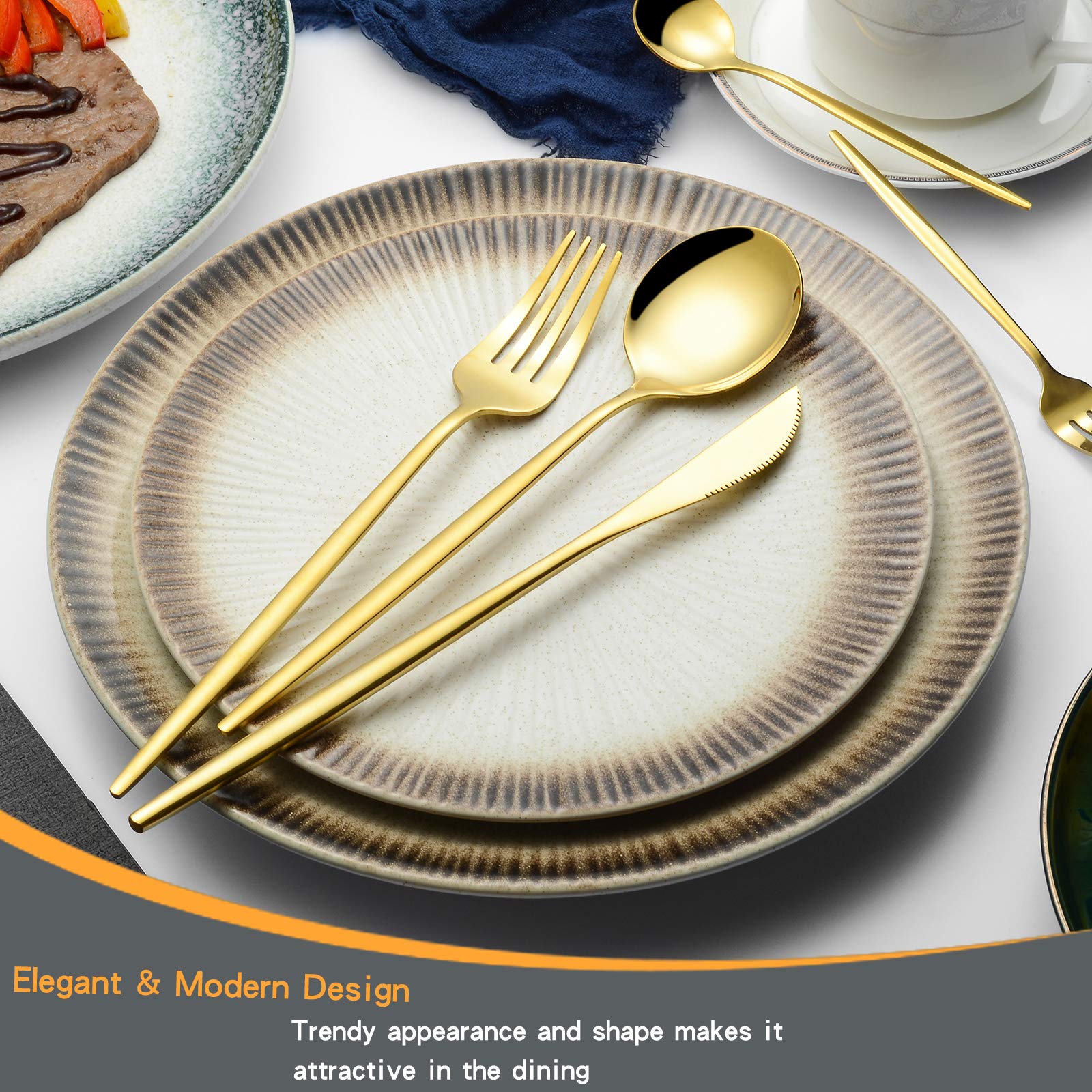 Mirror Gold Silverware Set 20-Piece, Stainless Steel Flatware Service for 4, LaienLife Unique Utensils Set with Long Fork and Spoon Teaspoon, Mirror Gold Flatware Set, Cutlery for Home Party Kitchen