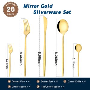 Mirror Gold Silverware Set 20-Piece, Stainless Steel Flatware Service for 4, LaienLife Unique Utensils Set with Long Fork and Spoon Teaspoon, Mirror Gold Flatware Set, Cutlery for Home Party Kitchen