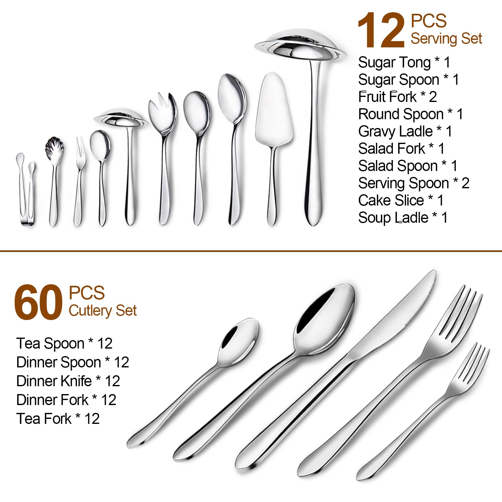 Elegant 72-Piece Silverware Set, Stainless Steel Flatware Set for 12 Guests - Comprehensive Cutlery and Serving Utensils Set, Dishwasher Safe