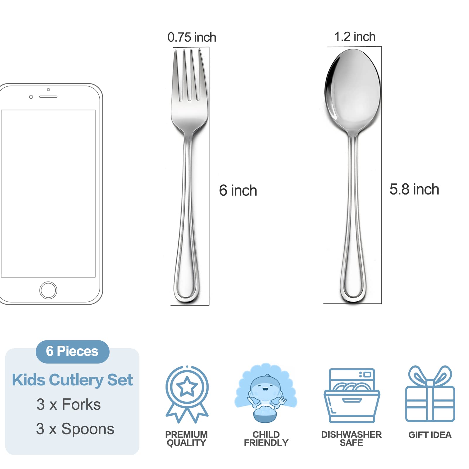 TeamFar Toddler Utensils, Stainless Steel Toddler Silverware Small Kid Cutlery Set for Self-Feeding, with Line Patterned Edge, Healthy & Non Toxic, Mirror Surface & Dishwasher Safe–3 Forks + 3 Spoons