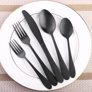 Matte Black Hammered Silverware Set for 8,SANLUNS 40-Piece Modern Flatware Set,Fine Dining Utensil Tableware Cutlery Hammered Handle Knives,Forks,Spoons,Stainless Steel,Unique Reusable Dishwasher Safe