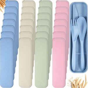 yahenda 28 sets reusable travel utensils set with case wheat straw cutlery portable spoon knife fork tableware set lunch box bulk for operation christmas adults kids travel picnic(pastel color)