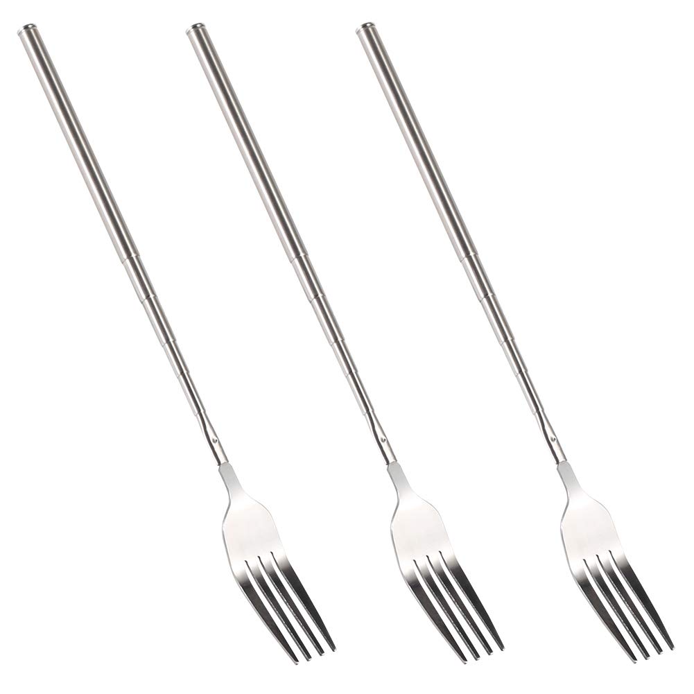 Telescopic Fork, 3PCS Stainless Steel Extendable Long Handle Fork BBQ Telescopic Extendable Dinner Fruit Dessert Long Handle Fork, Sturdy and Durable 8.7-25.4inch