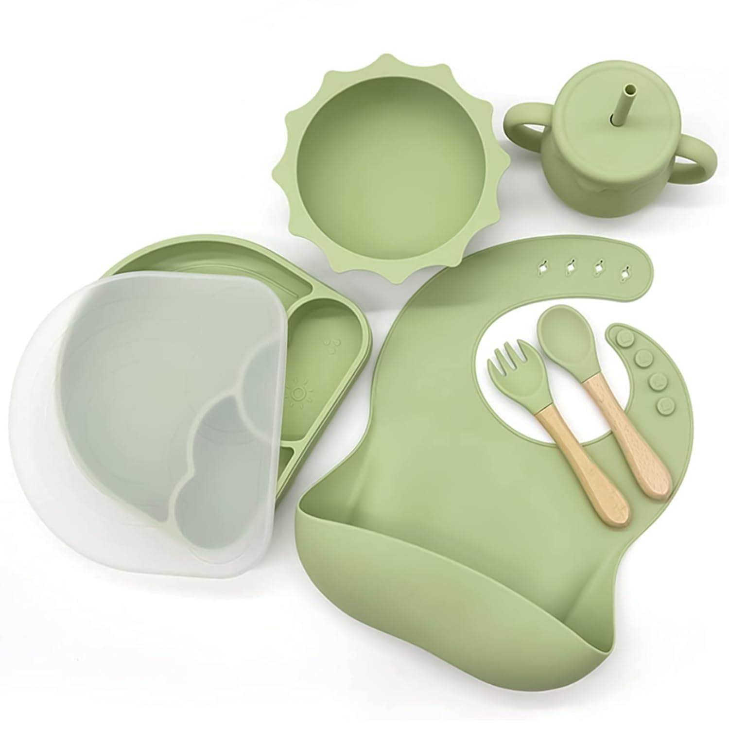 KCMI’s Baby-Led Weaning Supplies: Silicone Feeding Set with Bibs, Suction Bowl, Divided Plate, Cup, and Self-Feeding Spoons for Babies and Toddlers - [Green]