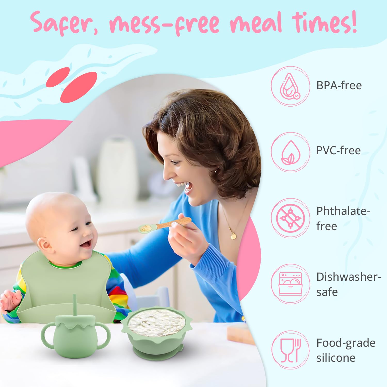 KCMI’s Baby-Led Weaning Supplies: Silicone Feeding Set with Bibs, Suction Bowl, Divided Plate, Cup, and Self-Feeding Spoons for Babies and Toddlers - [Green]