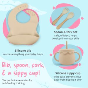 KCMI’s Baby-Led Weaning Supplies: Silicone Feeding Set with Bibs, Suction Bowl, Divided Plate, Cup, and Self-Feeding Spoons for Babies and Toddlers - [Green]