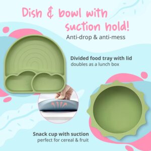 KCMI’s Baby-Led Weaning Supplies: Silicone Feeding Set with Bibs, Suction Bowl, Divided Plate, Cup, and Self-Feeding Spoons for Babies and Toddlers - [Green]