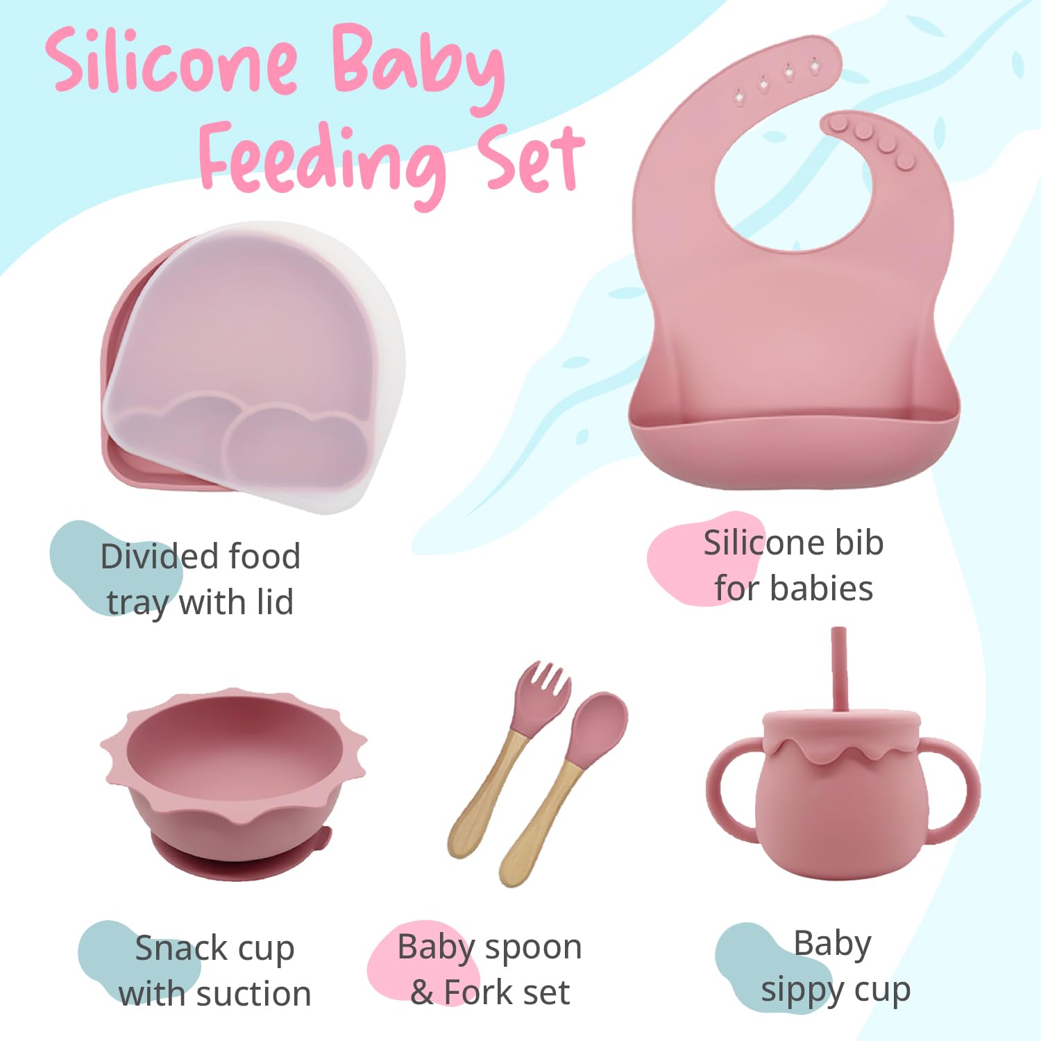 KCMI’s Baby-Led Weaning Supplies: Silicone Feeding Set with Bibs, Suction Bowl, Divided Plate, Cup, and Self-Feeding Spoons for Babies and Toddlers - [Green]