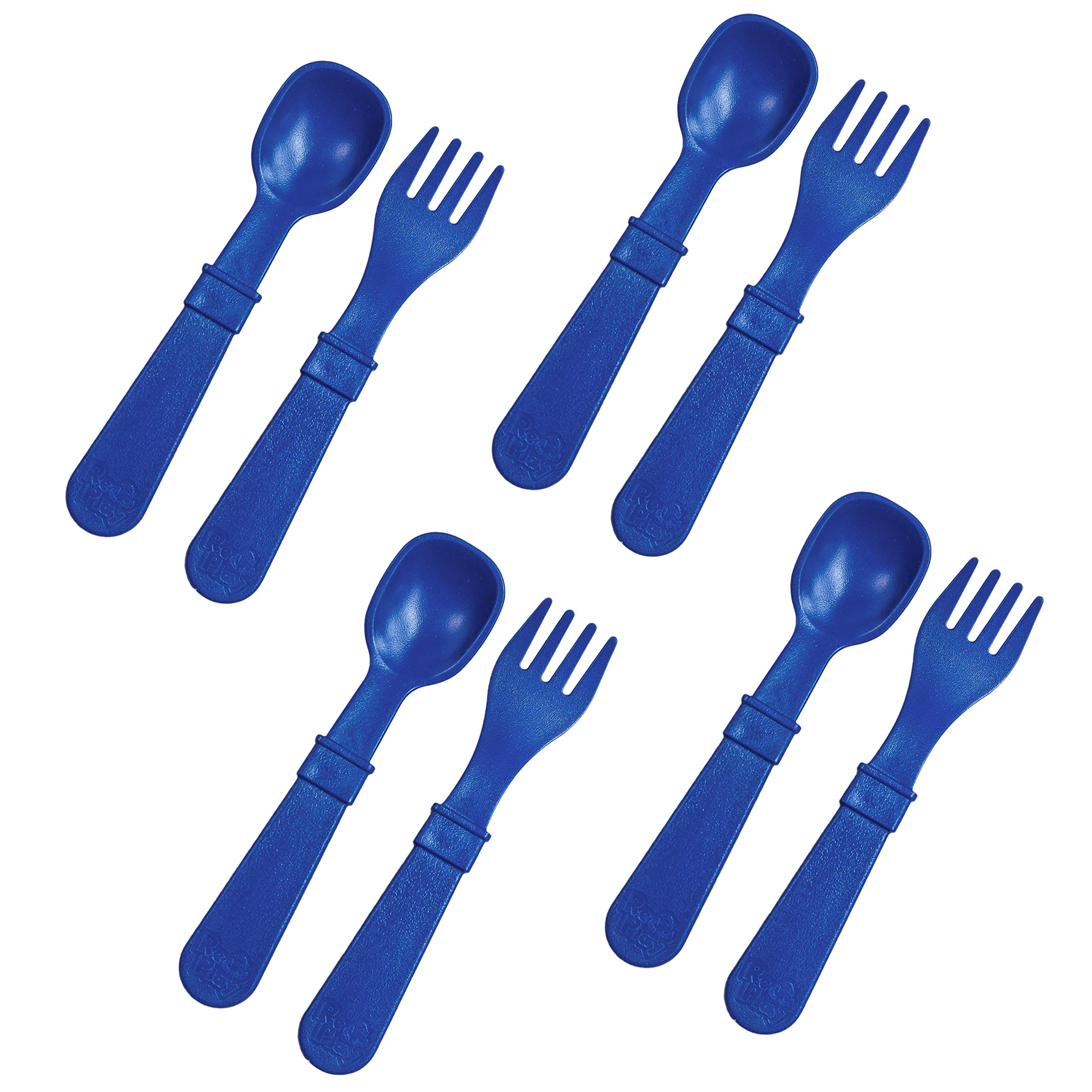 Re-Play Made in USA Toddler Forks and Spoons, Pack of 8 Without Carrying Case - 4 Kids Forks with Rounded Tips and 4 Deep Scoop Toddler Spoons - 0.2" Thick Toddler Utensils, Navy Blue