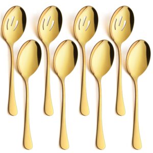 lianyu 8 pack gold serving spoons, gold slotted serving spoons, 8 3/4 inch stainless steel serving utensils spoon set for banquet catering buffet dinner restaurant party