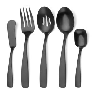 bysta serving utensils set, matte black 5-piece hostess set, stainless steel silverware flatware cutlery serving set, satin finish, dishwasher safe