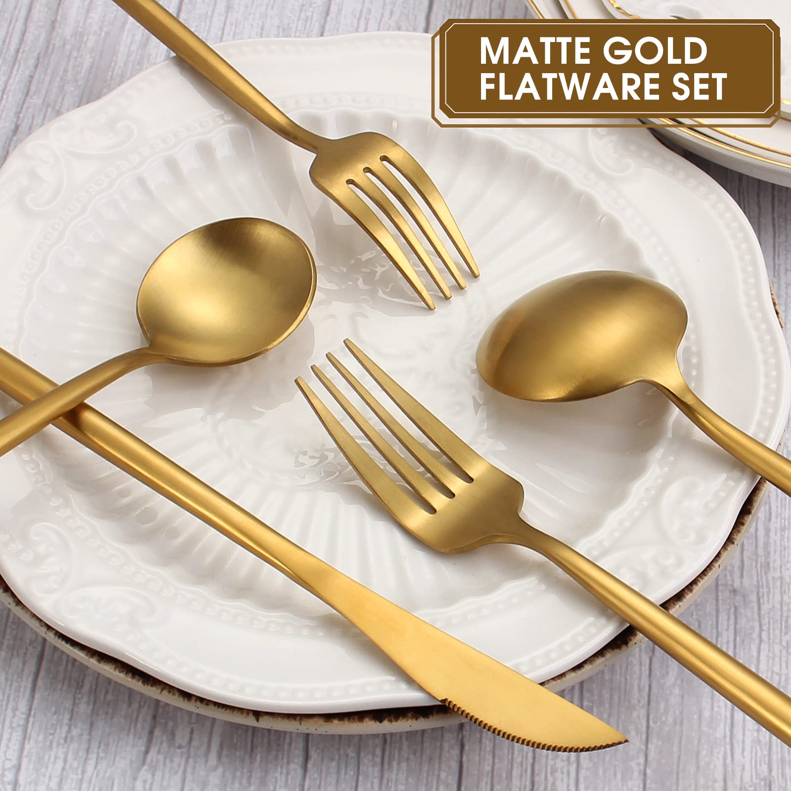 VANVRO Matte Gold Silverware Set, 40-Piece Stainless Steel Flatware Set, Tableware Cutlery Set Service for 8, Satin Finish Utensils Set, Knife Fork Spoon Set for Home and Restaurant, Dishwasher Safe