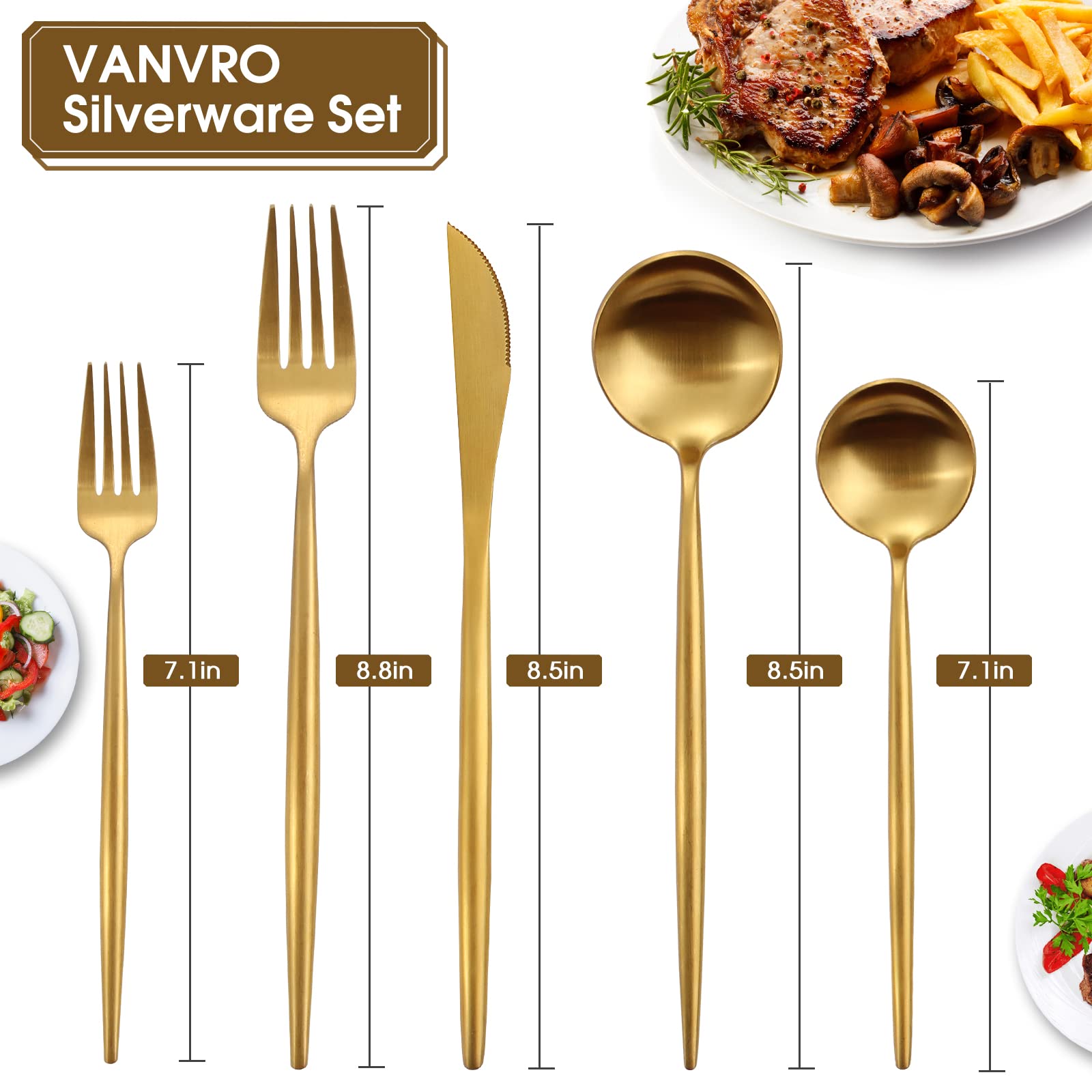 VANVRO Matte Gold Silverware Set, 40-Piece Stainless Steel Flatware Set, Tableware Cutlery Set Service for 8, Satin Finish Utensils Set, Knife Fork Spoon Set for Home and Restaurant, Dishwasher Safe