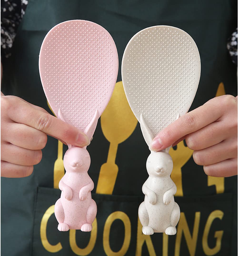 SKQIT 2 Pieces Creative Cute Rabbit Rice Spoon, Non Stick Rice Paddle, Bunny Shape Stand Up Serving Rice ShovelBeigeandPink One Size