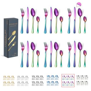 rainbow silverware set, 24 pieces stainless steel flatware sets for 6 - mirror polished cutlery utensil set, essentials eating tableware set for home&kitchen, restaurant, dishwasher safe