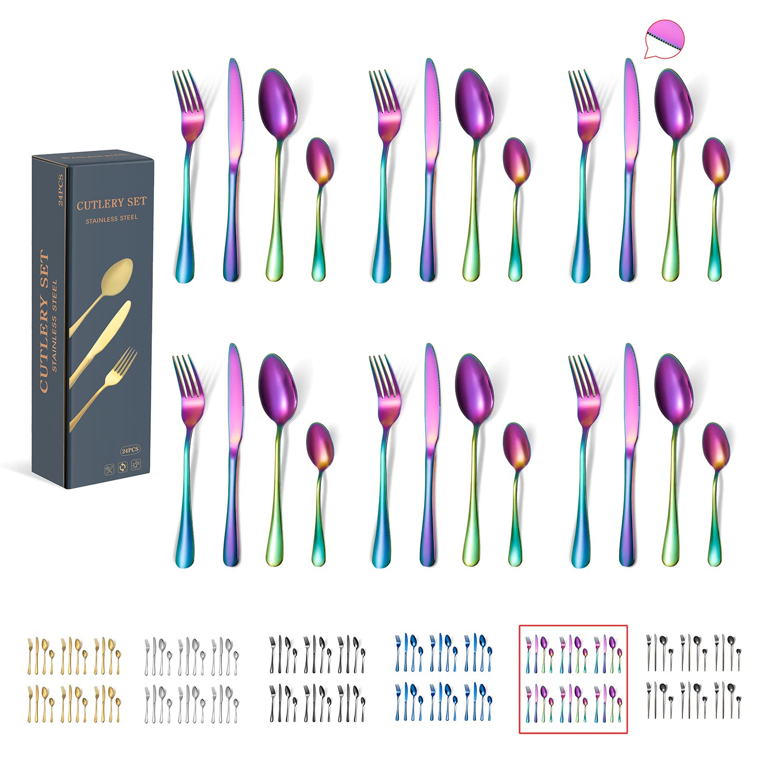 Rainbow Silverware Set, 24 Pieces Stainless Steel Flatware Sets for 6 - Mirror Polished Cutlery Utensil Set, Essentials Eating Tableware Set for Home&Kitchen, Restaurant, Dishwasher Safe