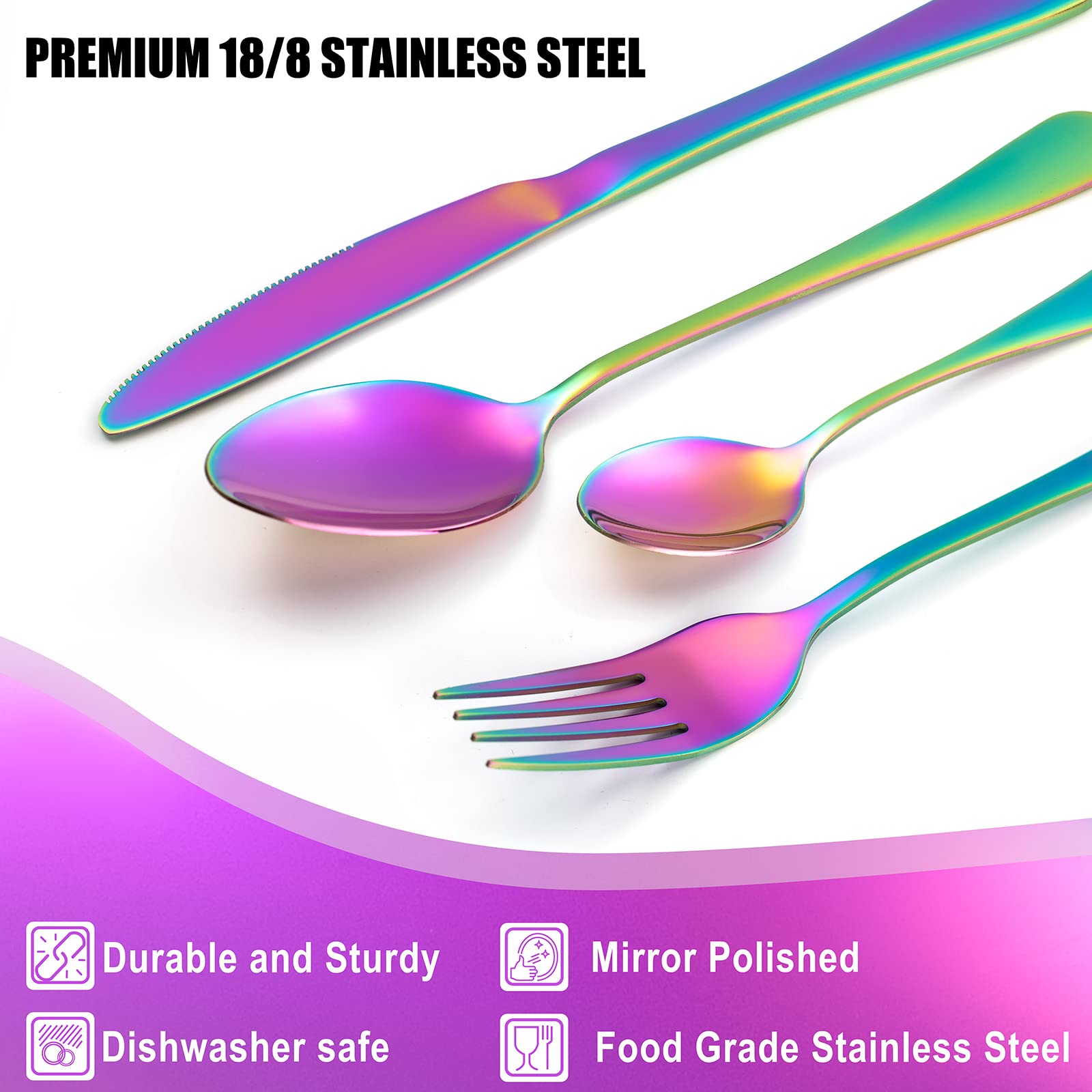 Rainbow Silverware Set, 24 Pieces Stainless Steel Flatware Sets for 6 - Mirror Polished Cutlery Utensil Set, Essentials Eating Tableware Set for Home&Kitchen, Restaurant, Dishwasher Safe