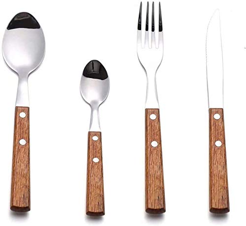 HAPPY KIT Flatware Set, Wooden Spoons Silverware Set for 4 Premium 18/8 (304) Stainless Steel Cutlery Set Wooden Dinner Knife Dinner Fork Dinner Spoon Set 16-Piece (4 Sets)