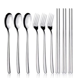 iqcwood spoons and forks set, flatware set, 3 pair forks and spoons silverware korean utensil set, stainless steel korean chopsticks spoons and fork set, dinnerware portable utensils for home