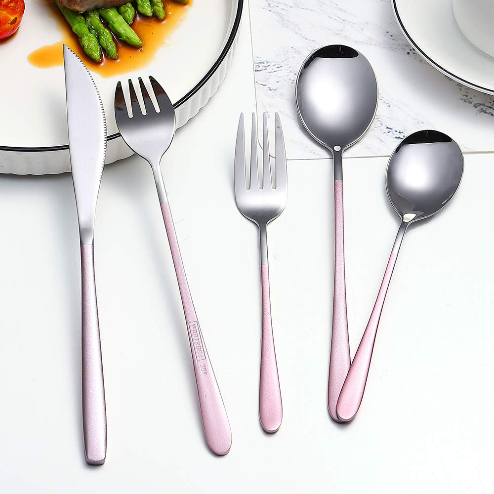 ArderLive Silverware Set, 20-Piece Stainless Steel Flatware Set Service for 4, Anti-Rust Mirror Polished Cutlery Set, Tableware Cutlery Set for Home Kitchen Hotel Restaurant (Pink+Sliver)