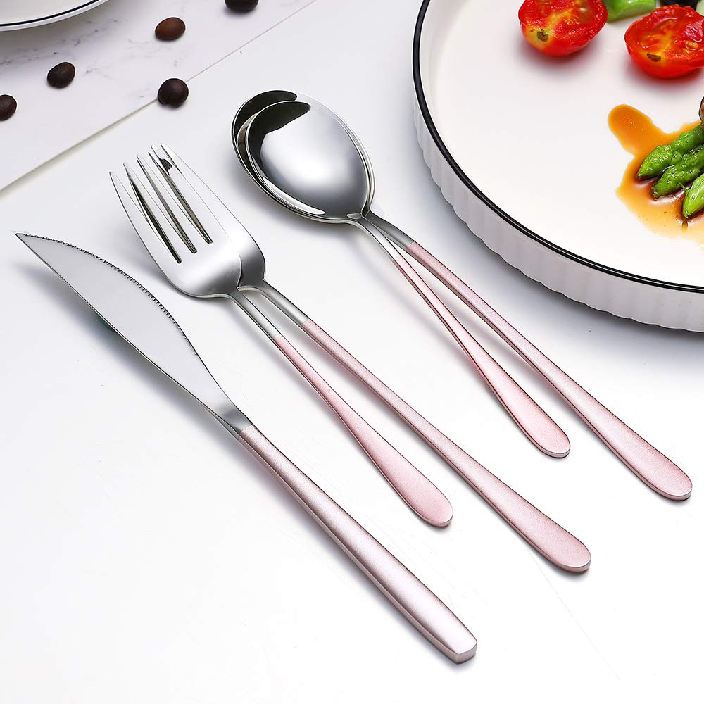 ArderLive Silverware Set, 20-Piece Stainless Steel Flatware Set Service for 4, Anti-Rust Mirror Polished Cutlery Set, Tableware Cutlery Set for Home Kitchen Hotel Restaurant (Pink+Sliver)