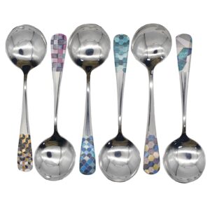 pinenjoy 6pcs round head soup spoons with fashion printing pattern 6.22inch tablespoon 18/10(304) stainless steel korean spoons for rice dessert tea coffee bouillon