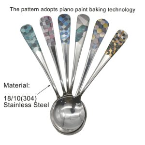 Pinenjoy 6pcs Round Head Soup Spoons with Fashion Printing Pattern 6.22inch Tablespoon 18/10(304) Stainless Steel Korean Spoons for Rice Dessert Tea Coffee Bouillon