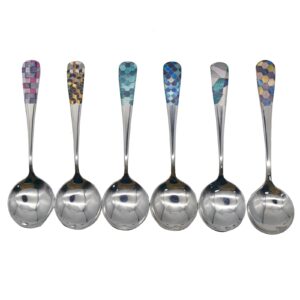 Pinenjoy 6pcs Round Head Soup Spoons with Fashion Printing Pattern 6.22inch Tablespoon 18/10(304) Stainless Steel Korean Spoons for Rice Dessert Tea Coffee Bouillon