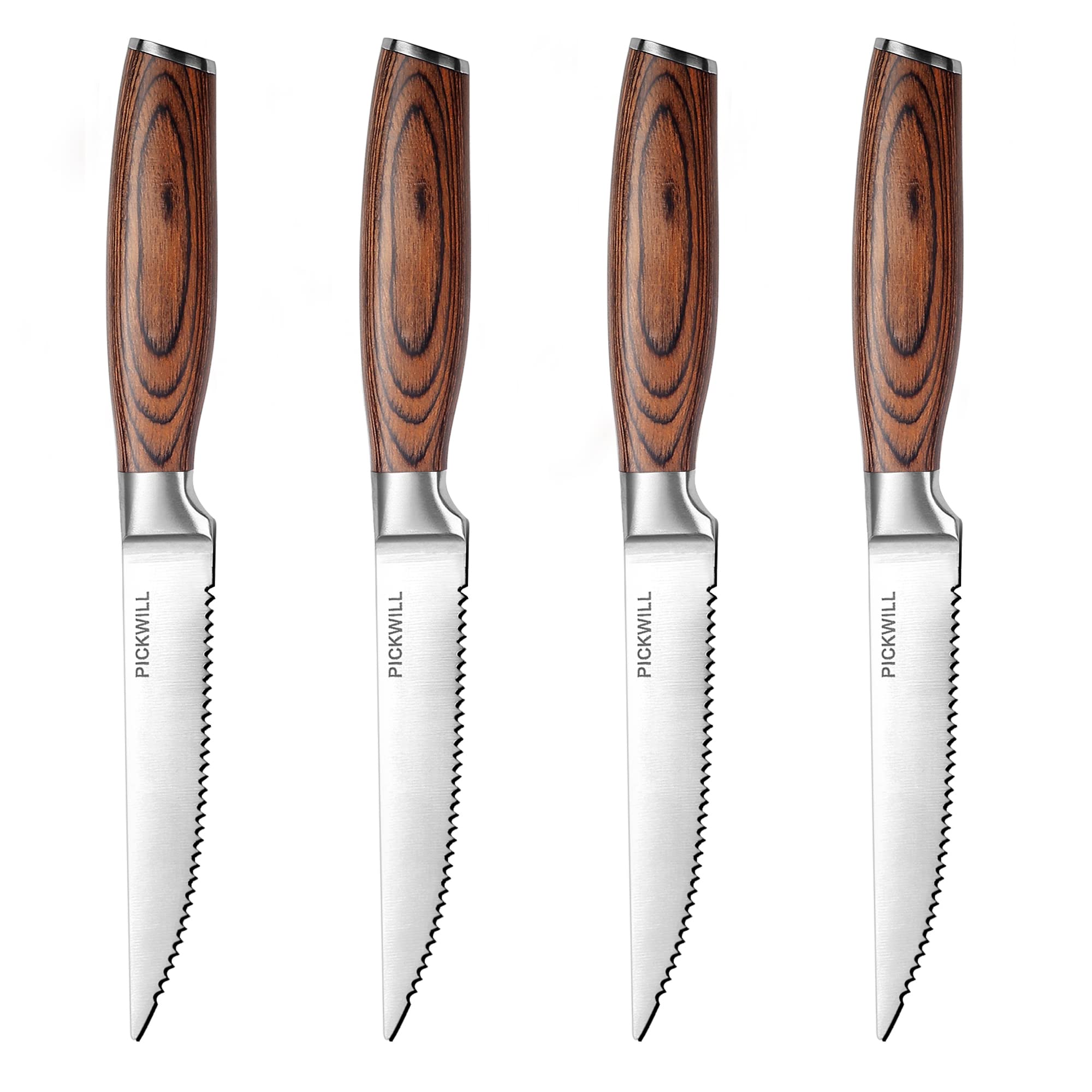 PICKWILL Steak Knives, Serrated Steak Knives Set of 4, Ergonomic Wood Handle, 4.5 Inch High Carbon Stainless Steel Dinner Knives with Gift Box