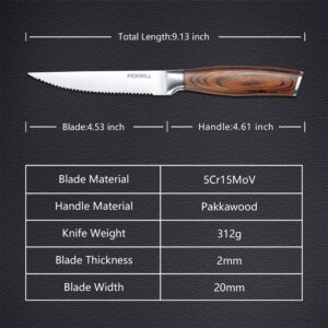 PICKWILL Steak Knives, Serrated Steak Knives Set of 4, Ergonomic Wood Handle, 4.5 Inch High Carbon Stainless Steel Dinner Knives with Gift Box